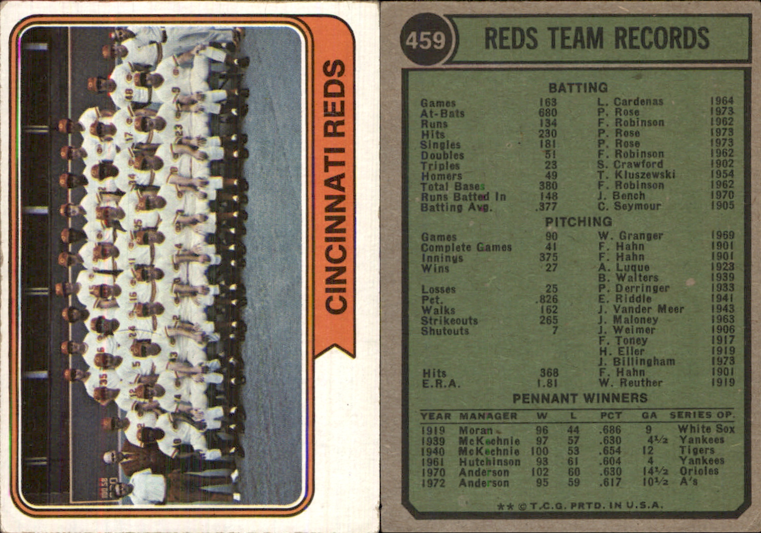Cincinnati Reds 1974 Topps #459 Card Cincinnati Reds FREE SHIP ...